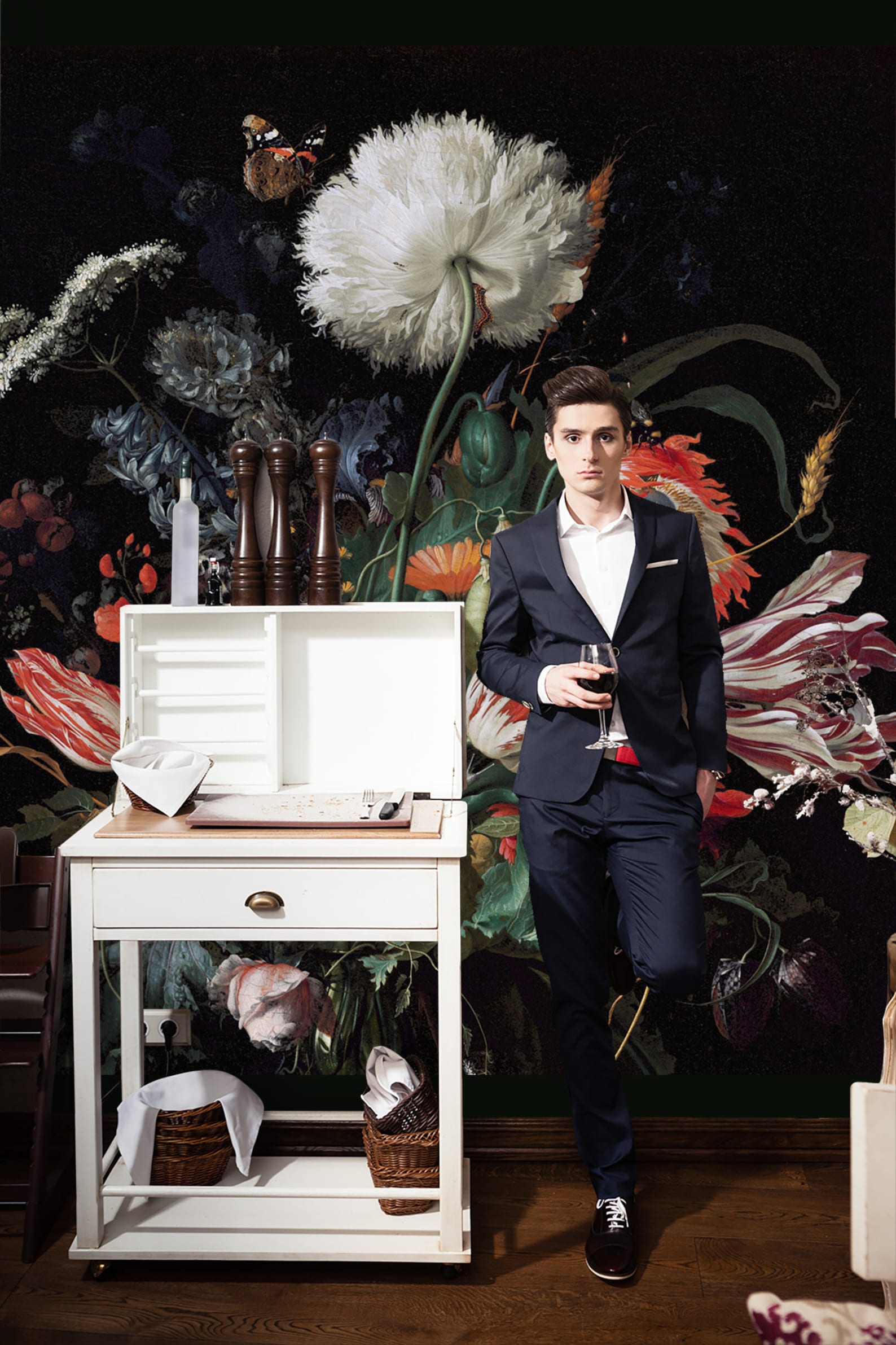 Floral Dutch Art Wall Mural, Self Adhesive Vintage Wallpaper, Dark ...