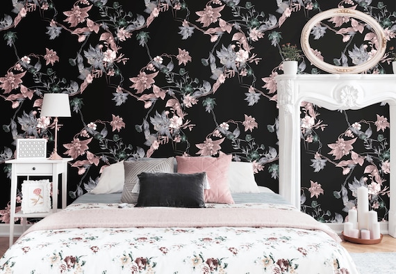 Removable dark floral wallpaper peel and stick wall mural | Etsy