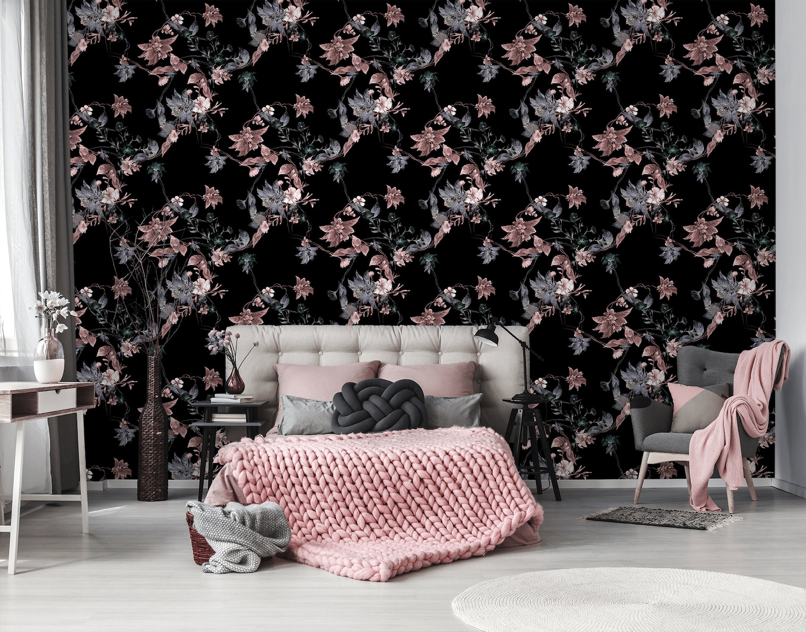 Removable Dark Floral Wallpaper, Peel and Stick Wall Mural, Black ...