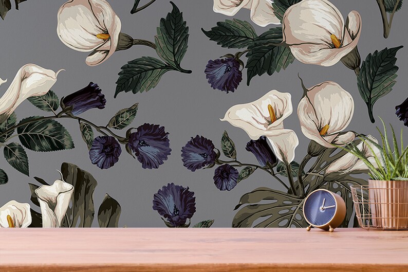 Dark Floral Wallpaper With Blush Toned Rustic Flowers, Peel and Stick ...