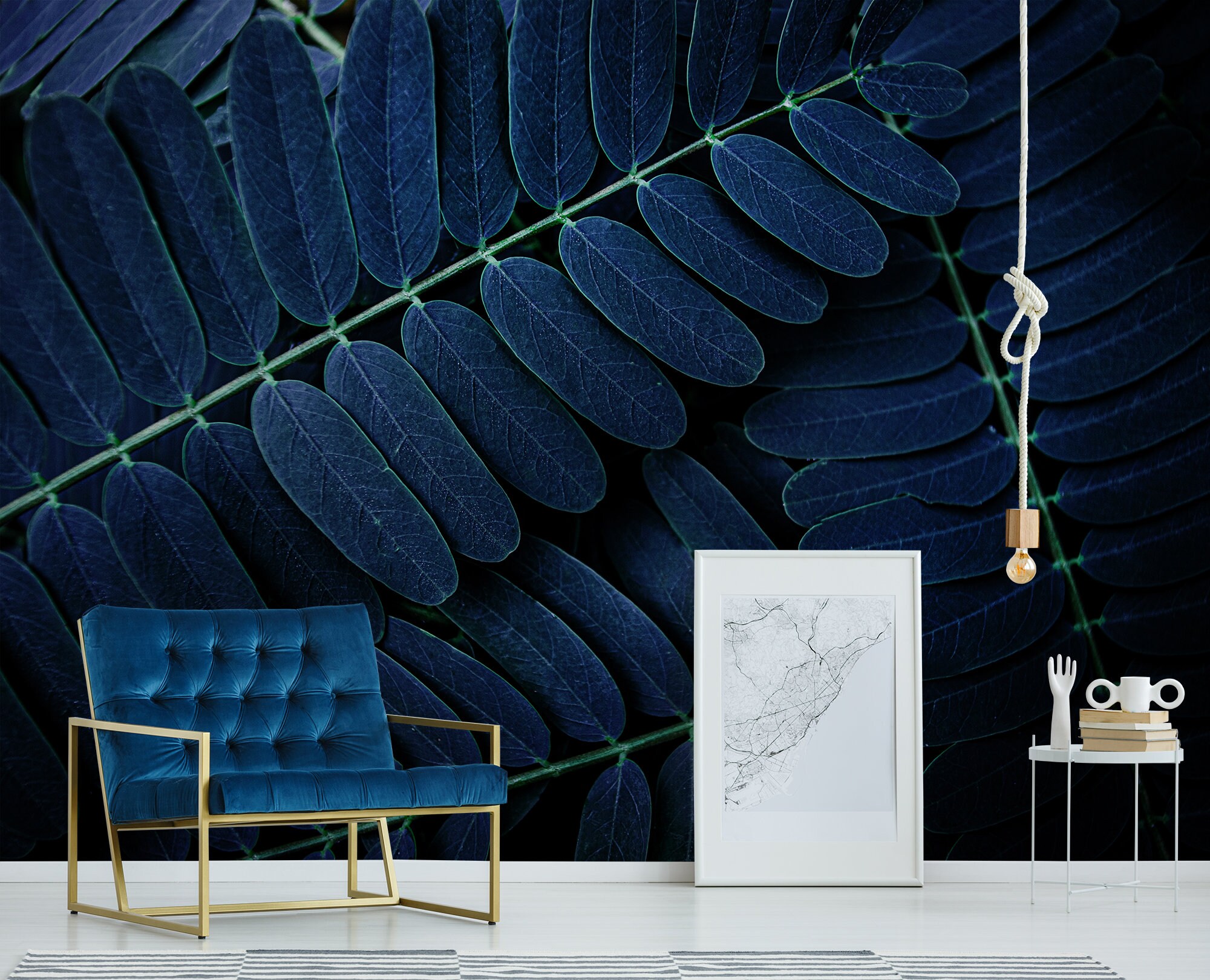 Blue leaves wall mural peel and stick tropical wallpaper | Etsy