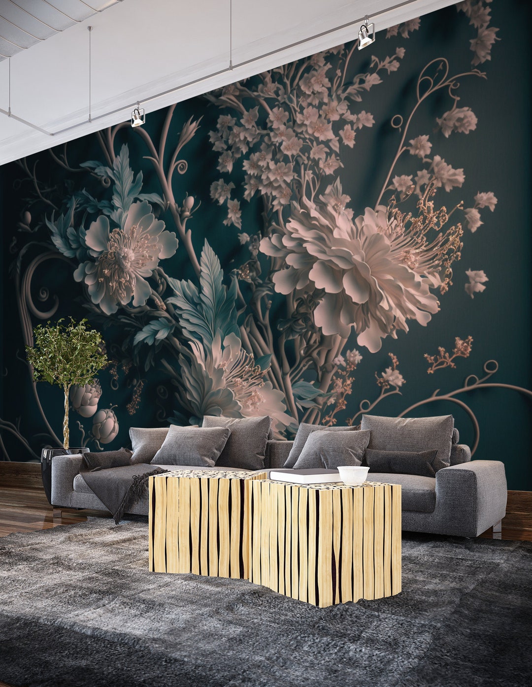 Rococo Style Floral Wall Mural, Blomming Flowers Wallpaper, Self ...