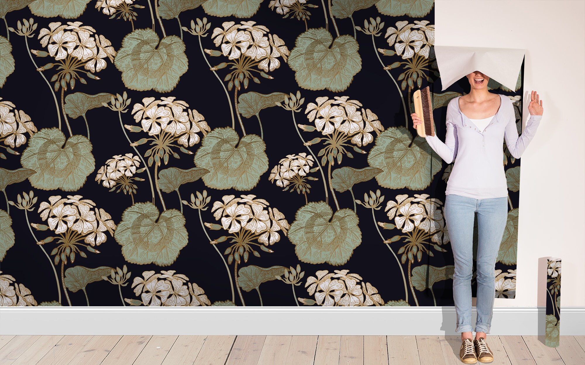 White geranium wallpaper self adhesive dark floral wall | Etsy
