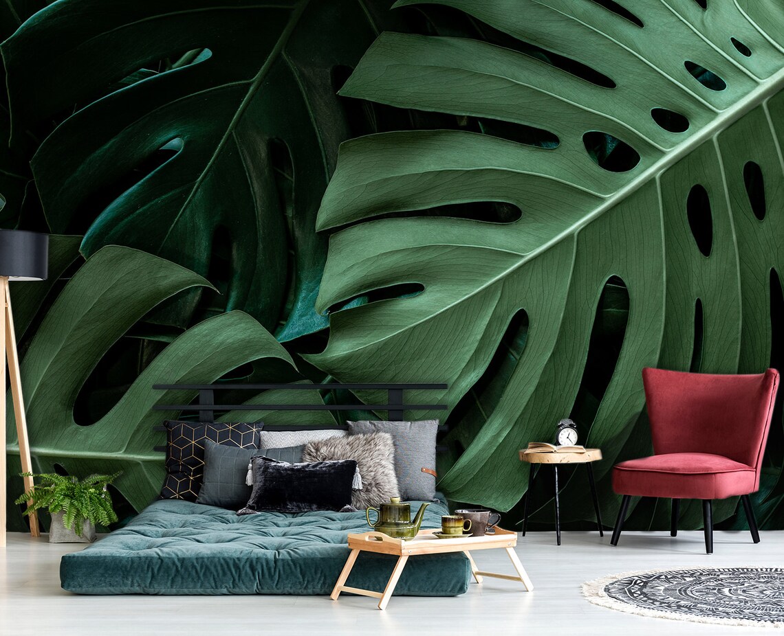 Modern Tropical Monstera Leaf Wall Mural Peel and Stick - Etsy