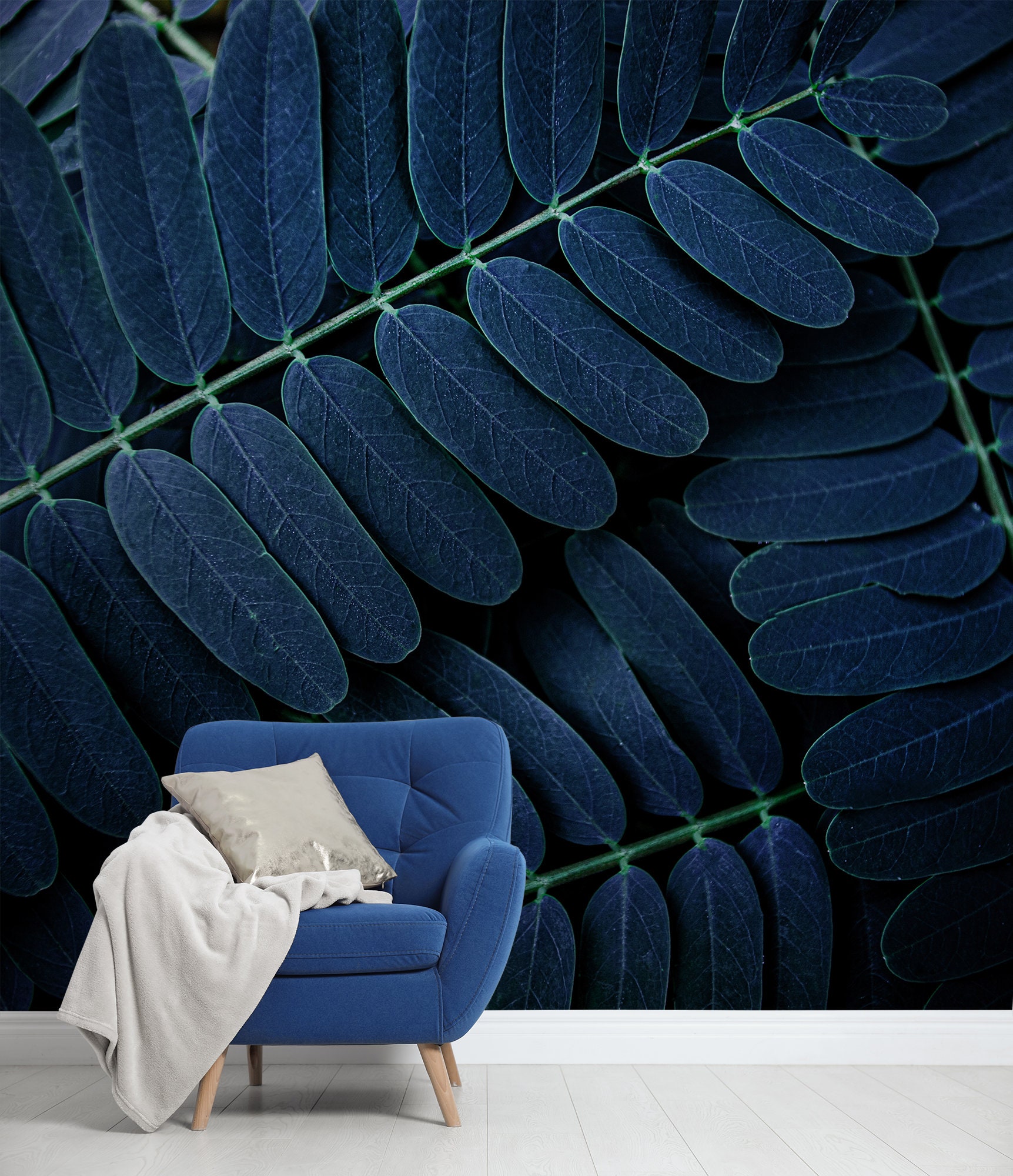 Blue leaves wall mural peel and stick tropical wallpaper | Etsy