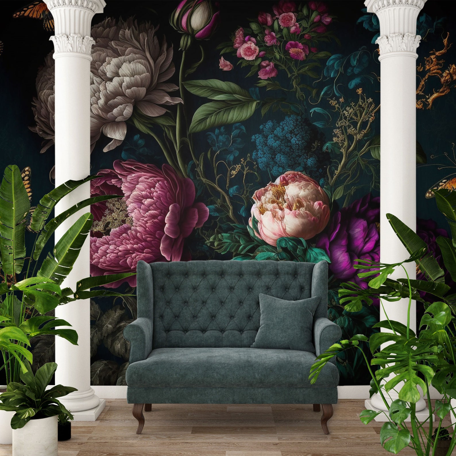 Vintage Floral Wallpaper, Beautiful Flowers on Black Background, Self ...