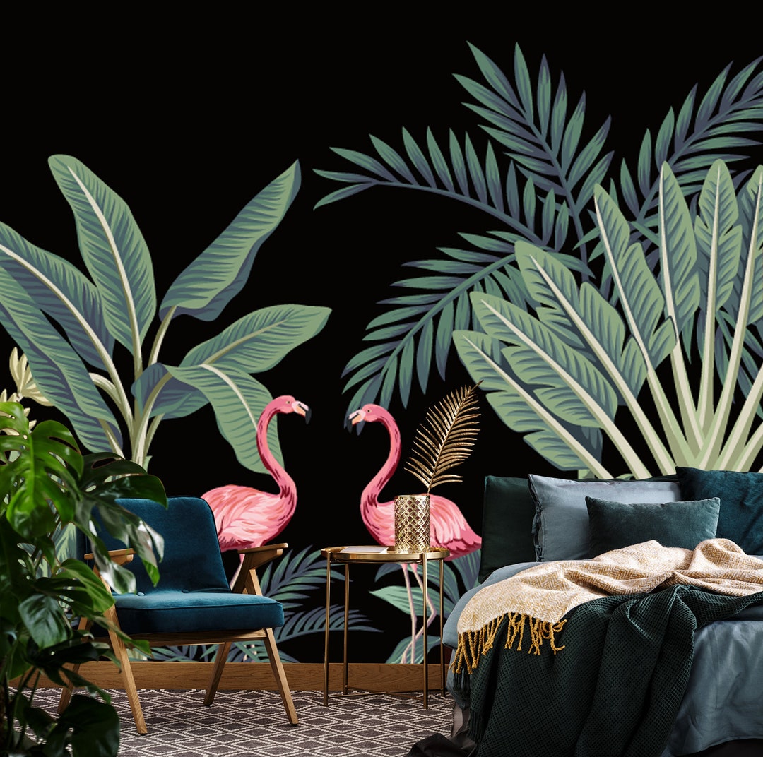 Jungle Wallpaper Mural, Removable Wallpaper With Wild Animals and Palm ...