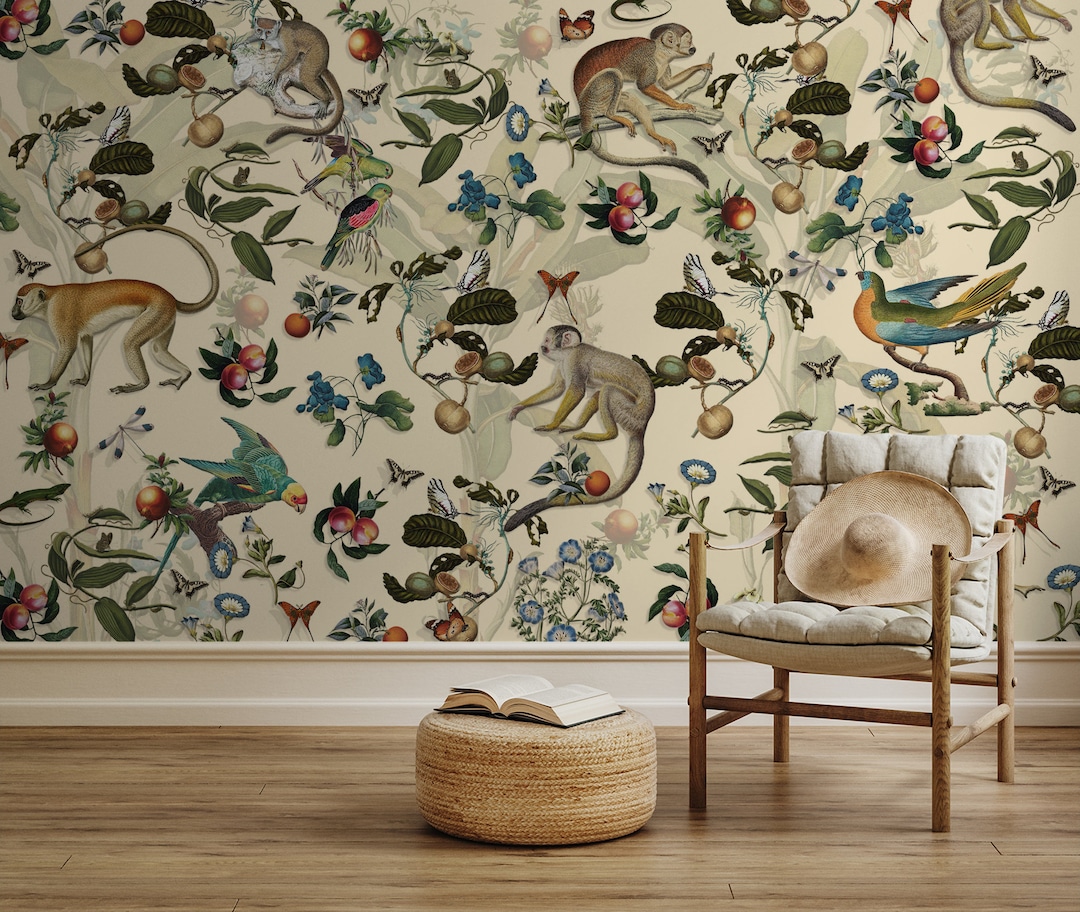 Beige Monkey & Parrot Bird Wallpaper, Vintage Tropical Pattern, Self ...