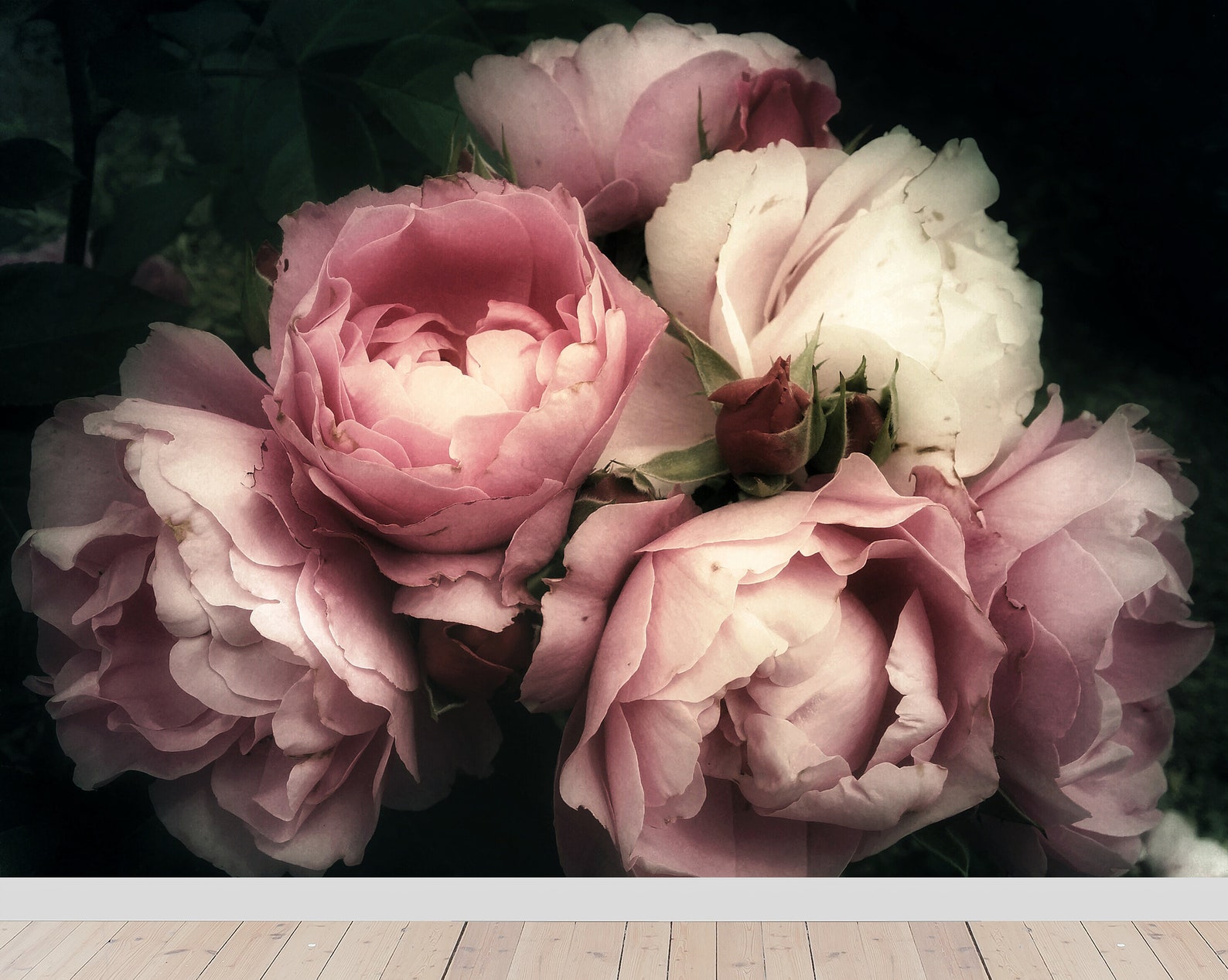 Pink Rose Wallpaper, Peel and Stick Dark Floral Mural, Wall Decor With ...