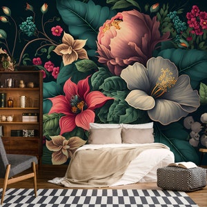 Botanical Wallpaper Big Flowers Wall Mural, Vintage Wallpaper, Self ...