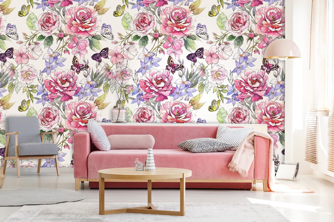 Floral Watercolor Wallpaper, Self Adhesive Wallpaper, Peonies and Roses ...