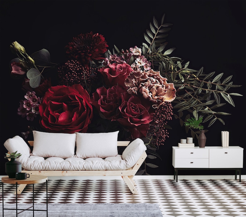 Rote Blumen Wandbild, selbstklebende dunkle Blumentapete, schälen und ...