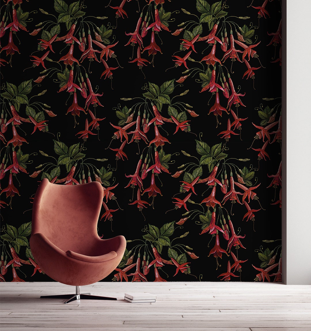 Dark Floral Wallpaper, Red Fuchsia Flowers Wallpaper, Garden Art, Self ...