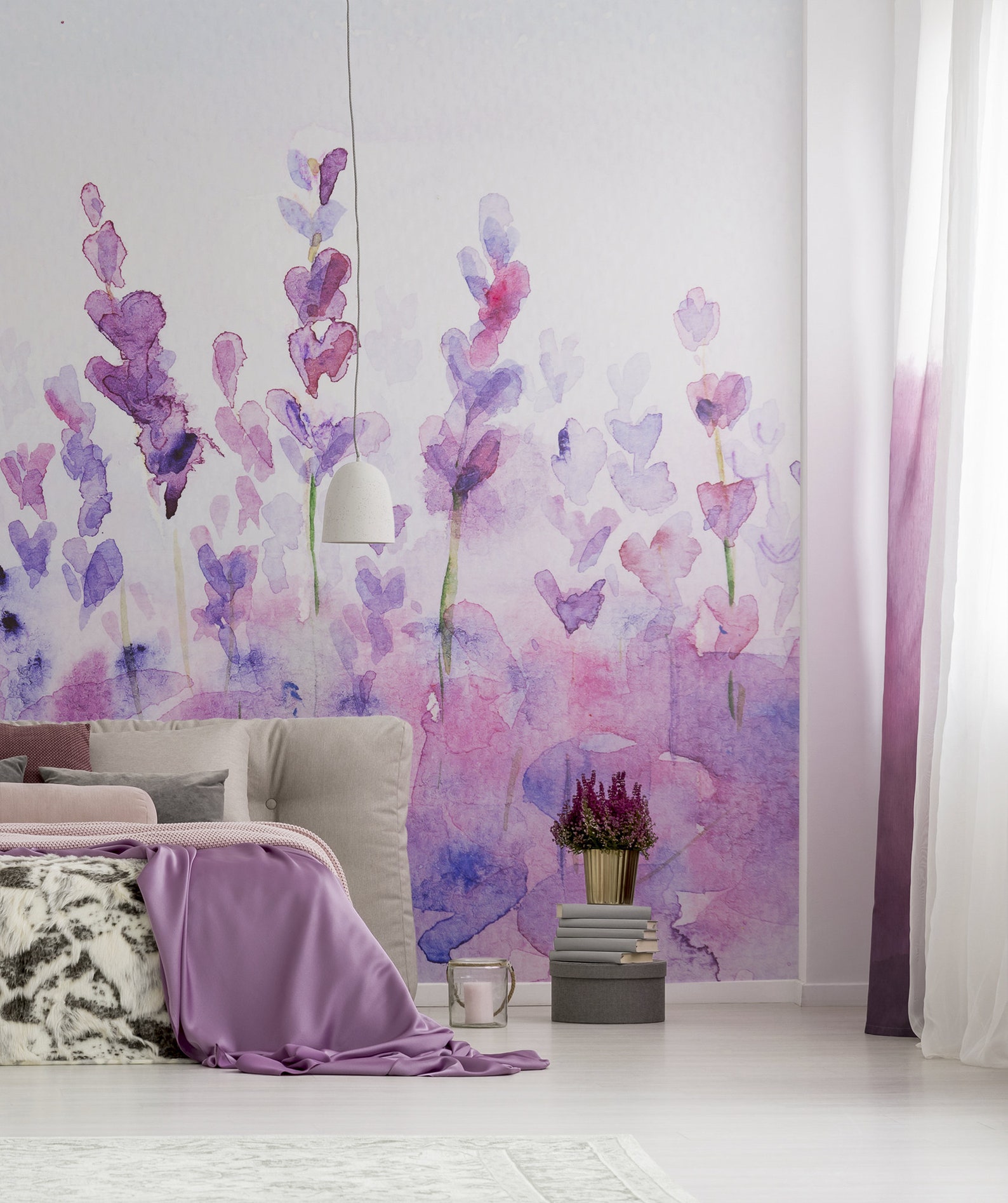 Lavender Wall Mural, Self Adhesive Removable Wallpaper, Watercolor ...