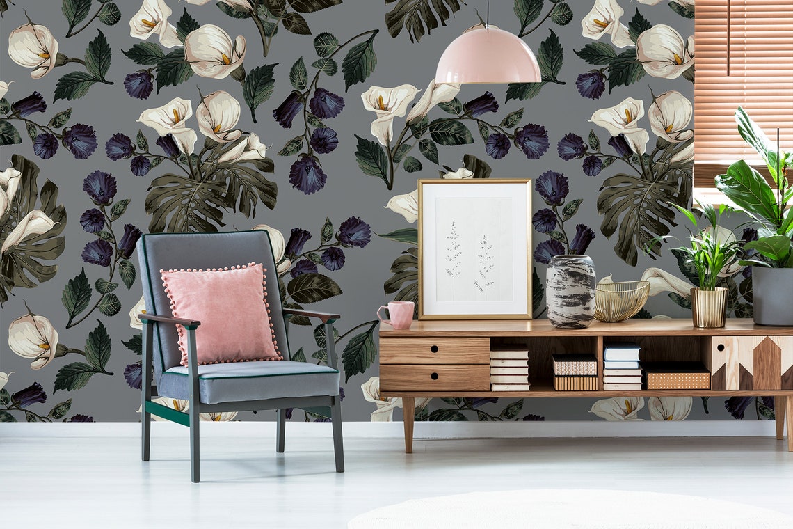 Dark Floral Wallpaper With Blush Toned Rustic Flowers, Peel and Stick ...