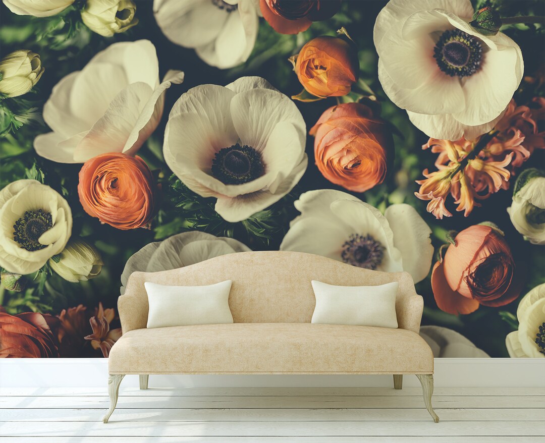 White Poppy Wall Mural, Self Adhesive Removable Wallpaper, Orange Roses ...