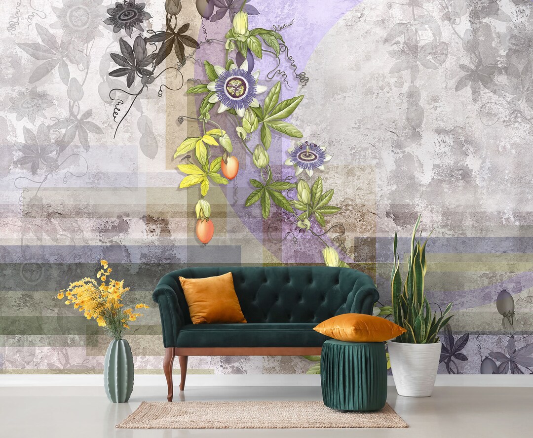 Buy Passiflora Floral Concrete Wall Mural, Vintage Botanical Wallpaper ...