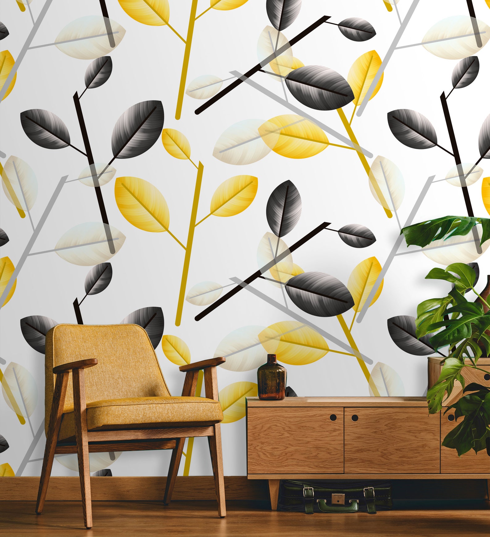 Botanical Wallpaper With Leaf Pattern, Peel and Stick Wall Mural ...