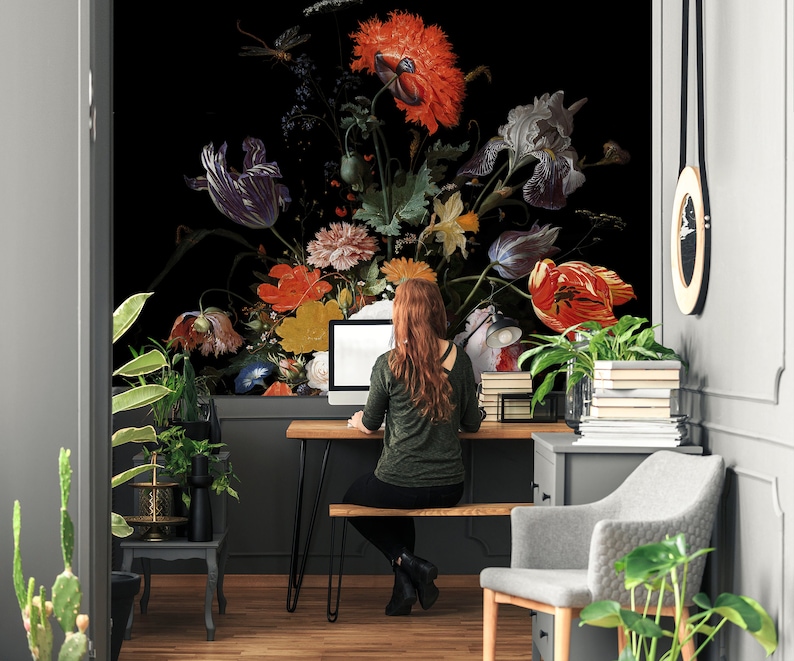 Dutch flowers wall mural dark floral wallpaper peel and | Etsy