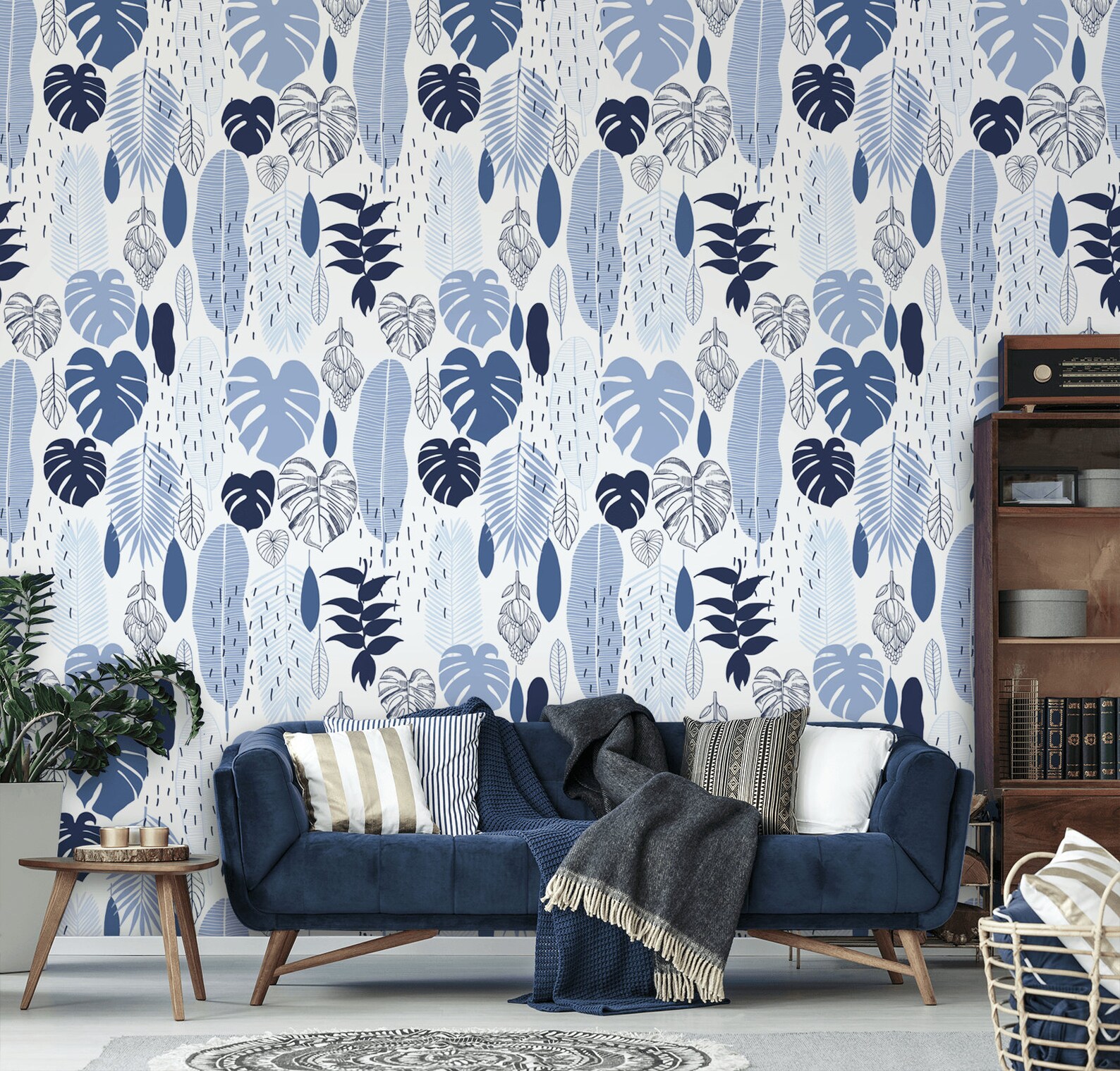 Exotic Blue Leaf Wallpaper Peel and Stick Wallpaper Tropical - Etsy