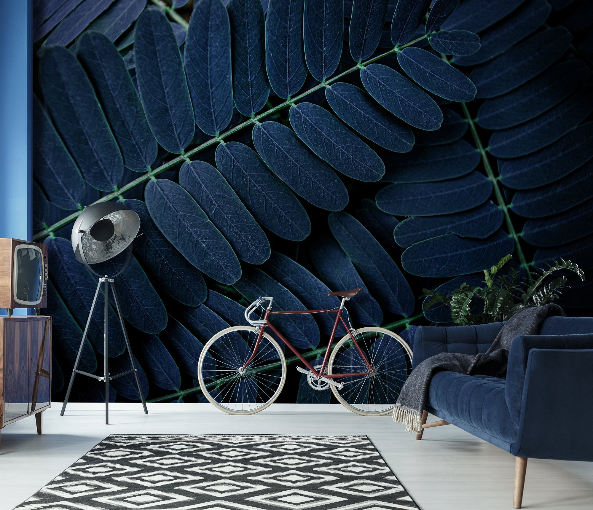 Blue Leaves Wall Mural Peel and Stick Tropical Wallpaper | Etsy