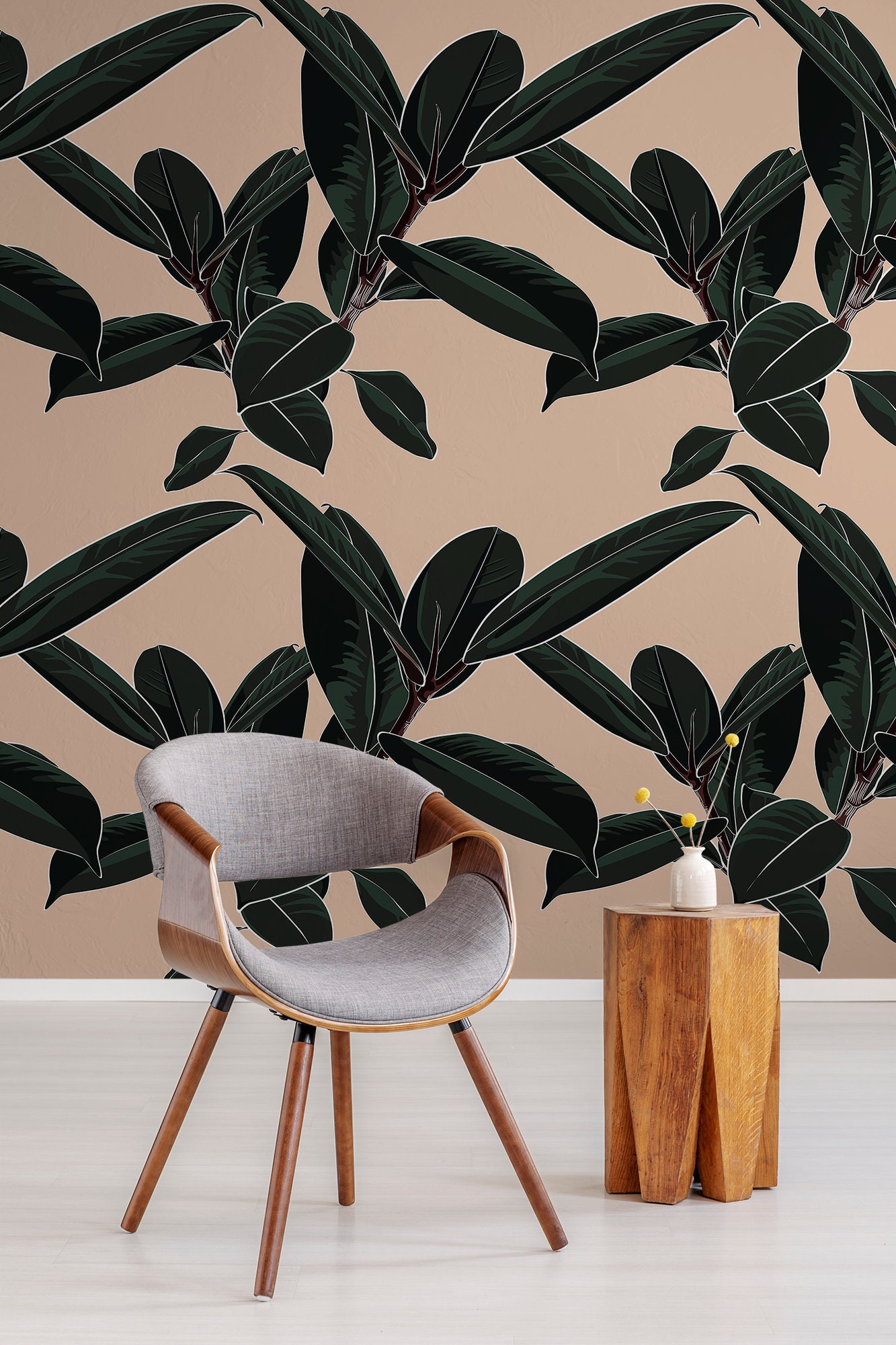 Beautiful Tropical Wallpaper With Dark Ficus Elastica, Peel and Stick ...