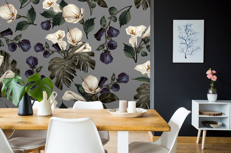 Dark Floral Wallpaper With Blush Toned Rustic Flowers, Peel and Stick ...