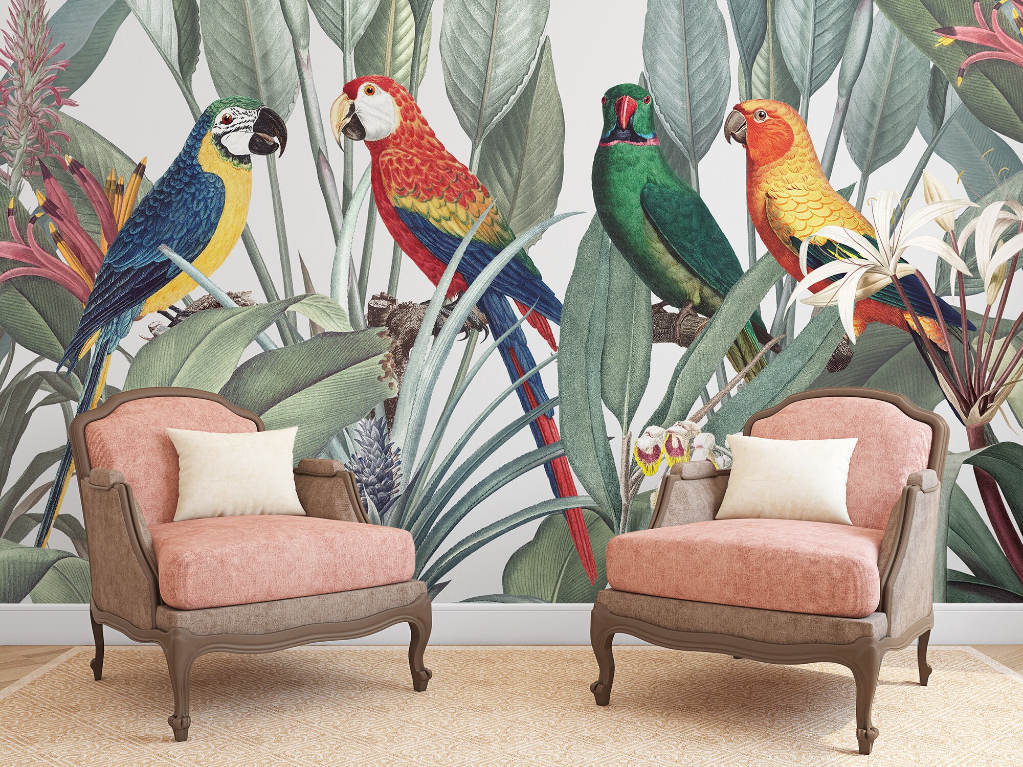 Tropical Wall Mural With Parrots, Self Adhesive Removable Wallpaper ...