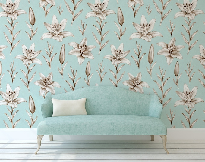 Pale Turquoise Floral Pattern Wallpaper Peel and Stick, Vintage Art ...