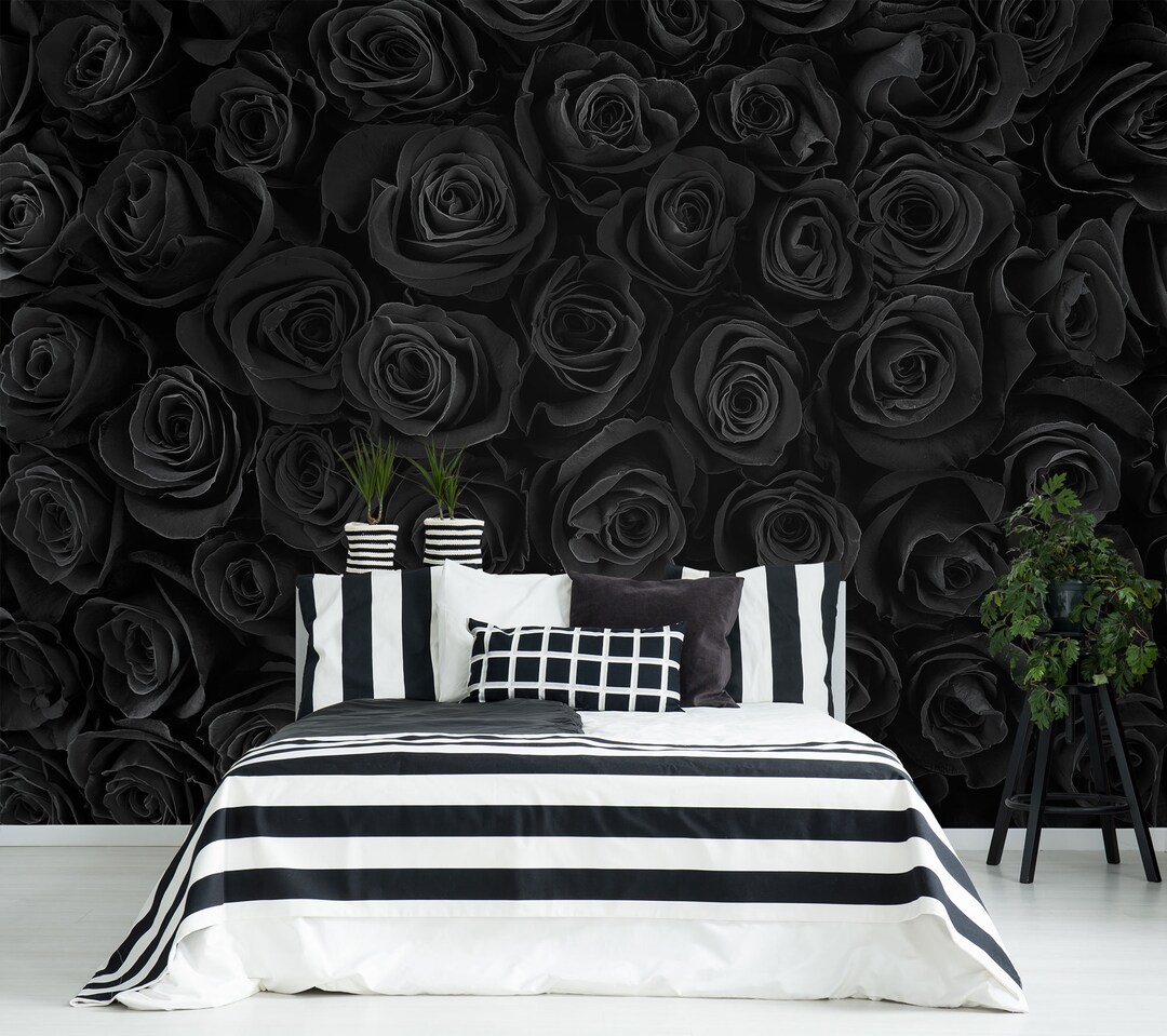 Black Floral Wallpaper, Black Roses Wall Mural, Modern Wallpaper, Self ...
