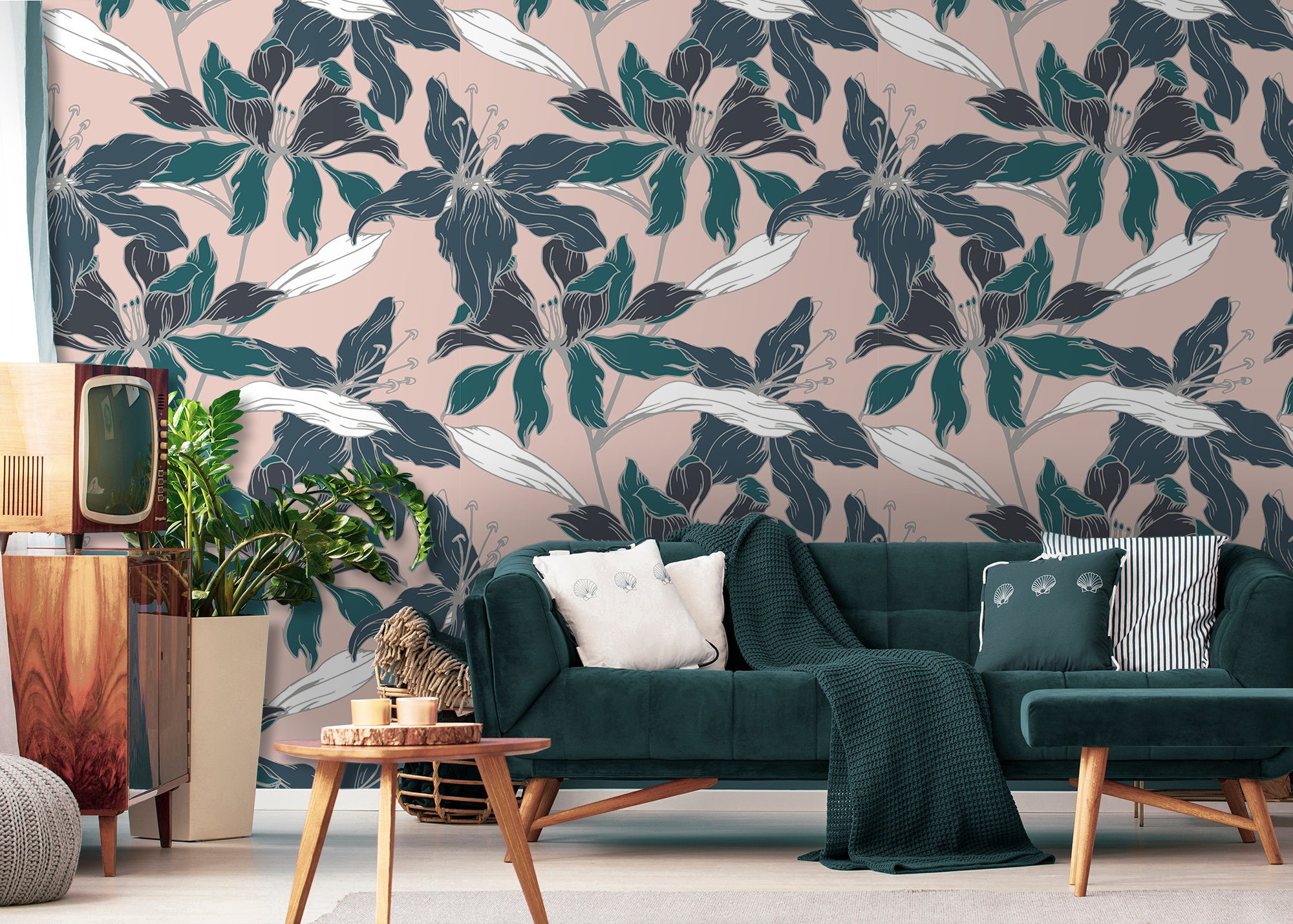 Floral Wallpaper, Green Flowers on Pink Background Wall Mural, Self ...