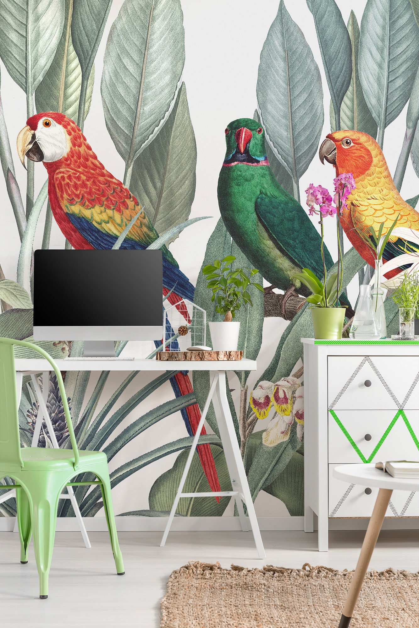 Tropical Wall Mural With Parrots, Self Adhesive Removable Wallpaper ...