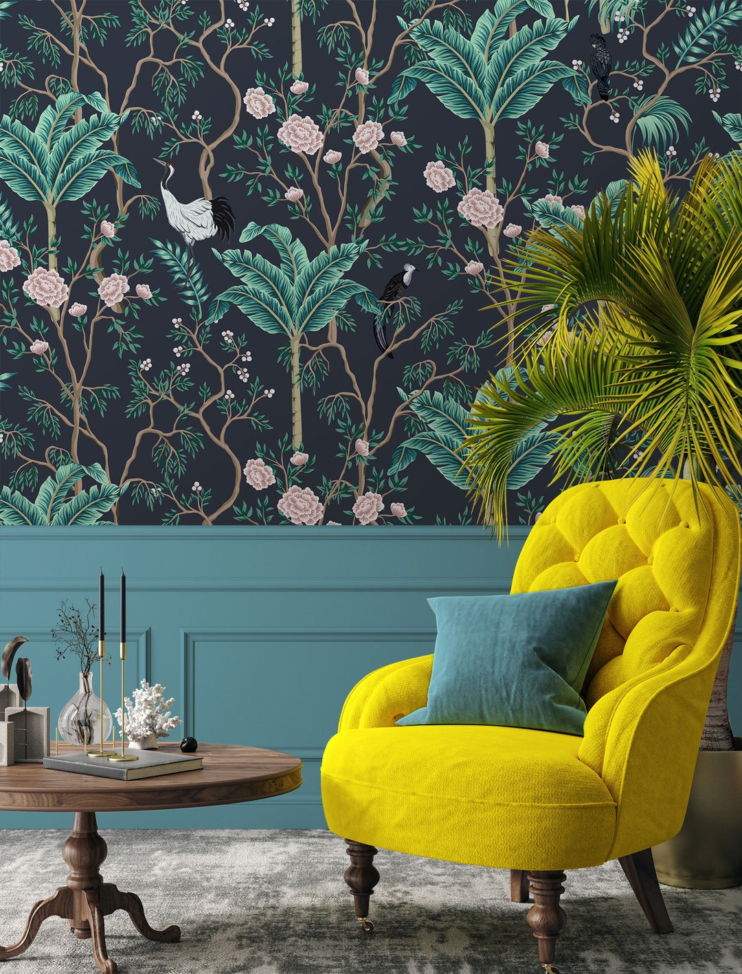 Dark Chinoiserie Wallpaper, Flowers and Birds Self Adhesive Wallpaper ...