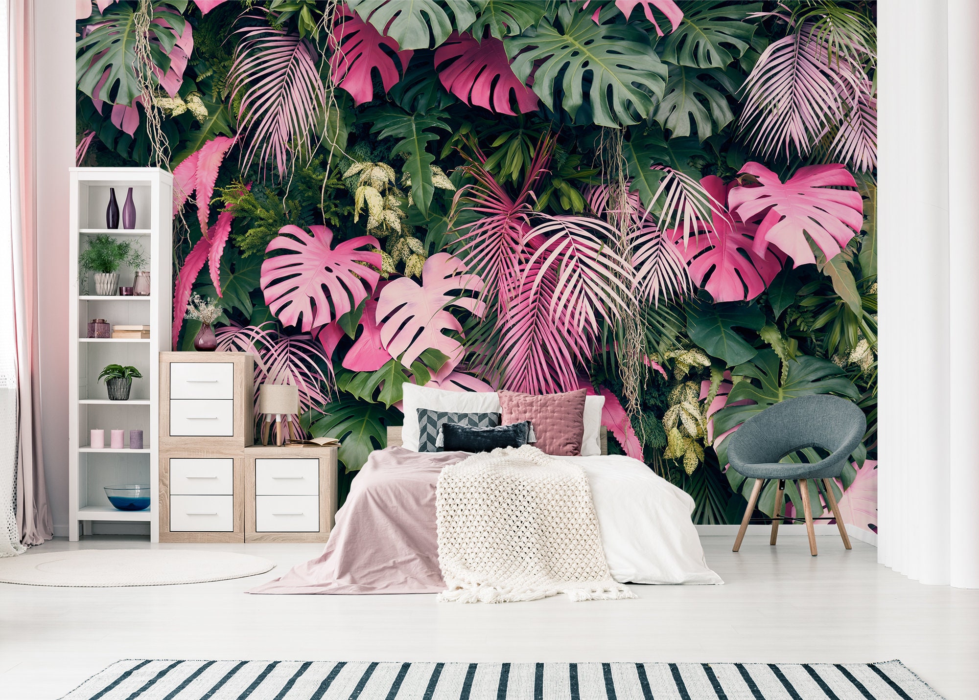 Tropical wall mural with monstera leaves peel and stick | Etsy