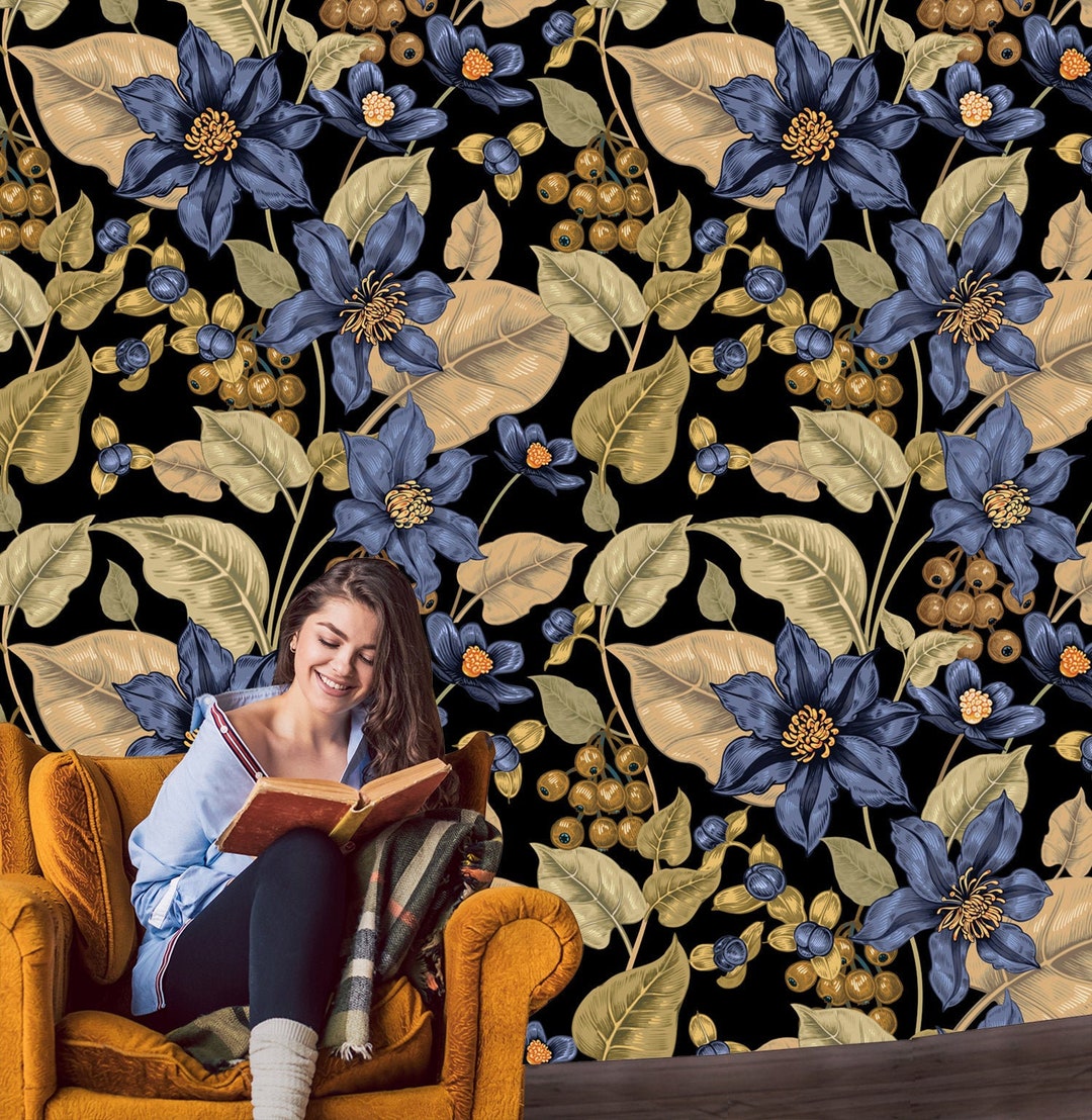 Blue Flower Wallpaper, Removable Wallpaper, Peel and Stick Wallpaper ...