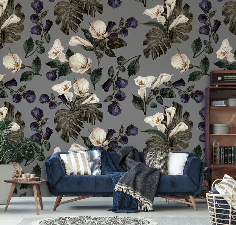 Dark Floral Wallpaper With Blush Toned Rustic Flowers, Peel and Stick ...