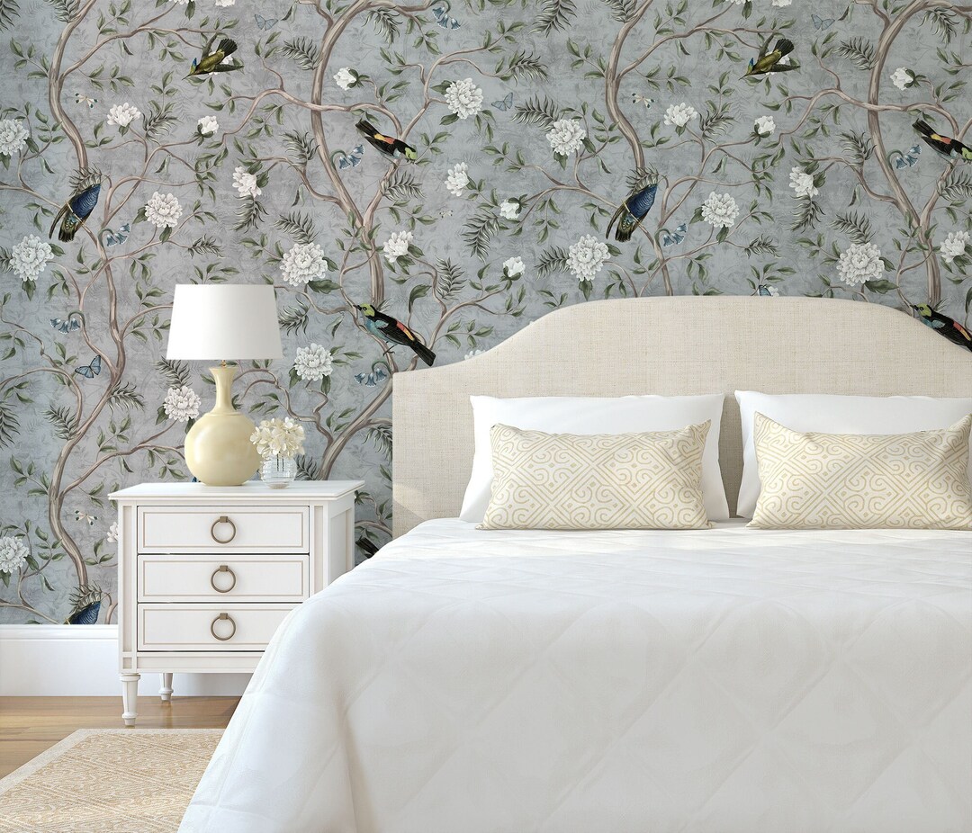 Gray Chinoiserie Wallpaper, Floral Vintage Wallpaper, Self Adhesive ...