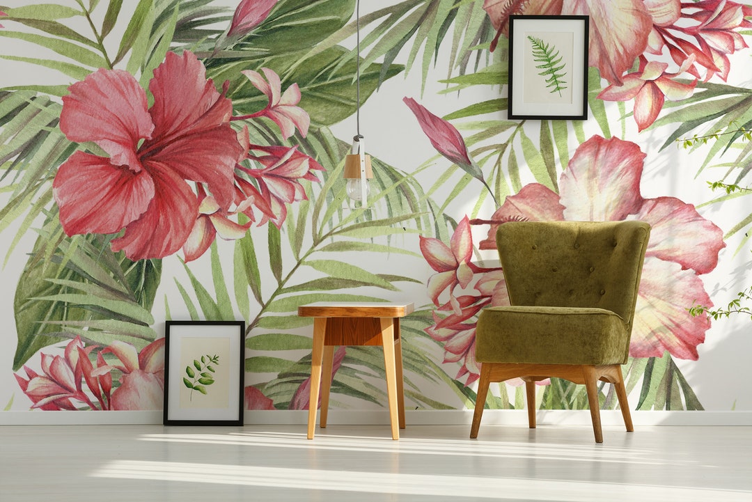 Tropical Flower Wallpaper, Red Hibiscus and Palm Leaf Wall Mural, Self ...