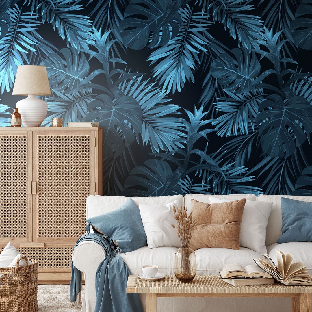 Blue Tropical Leaves Wallpaper, Palm Leaf & Monstera, Blue Leaves, Self ...