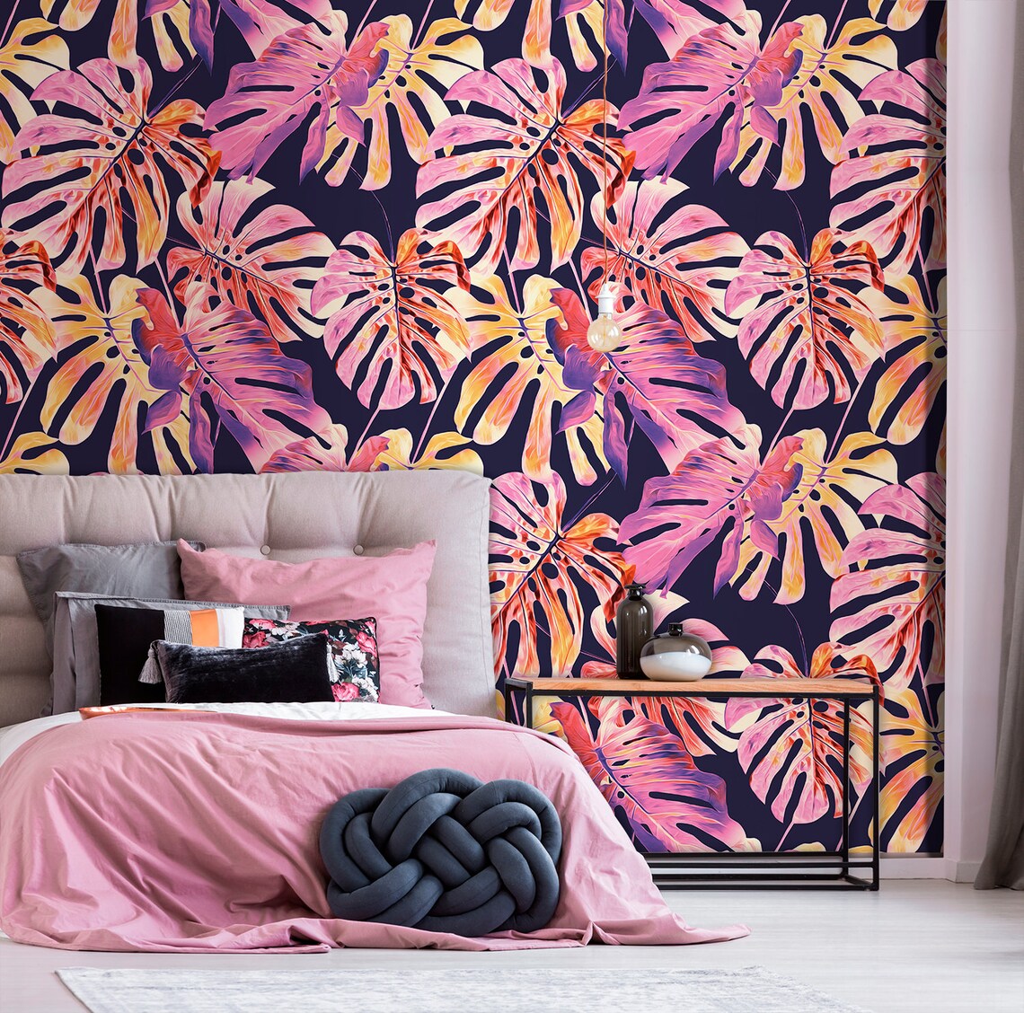 Pink Monstera Leaves Wallpaper, Peel and Stick Wall Mural With Tropical ...