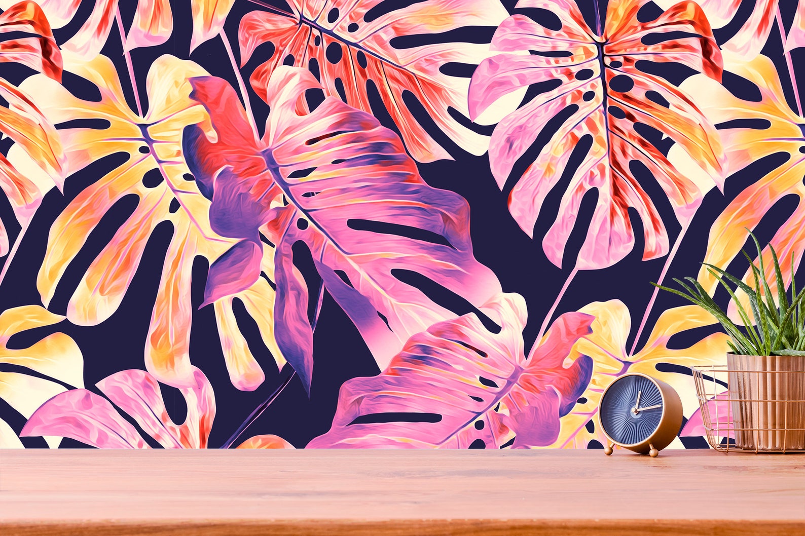 Pink Monstera Leaves Wallpaper, Peel and Stick Wall Mural With Tropical ...