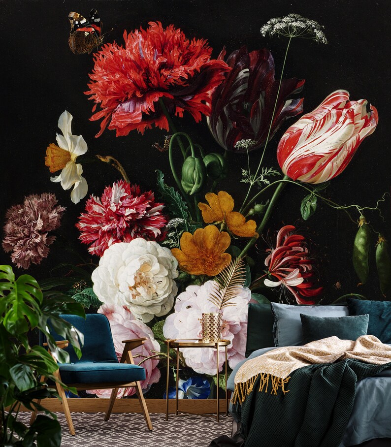 Vintage floral art wall mural with dutch painting peel and | Etsy