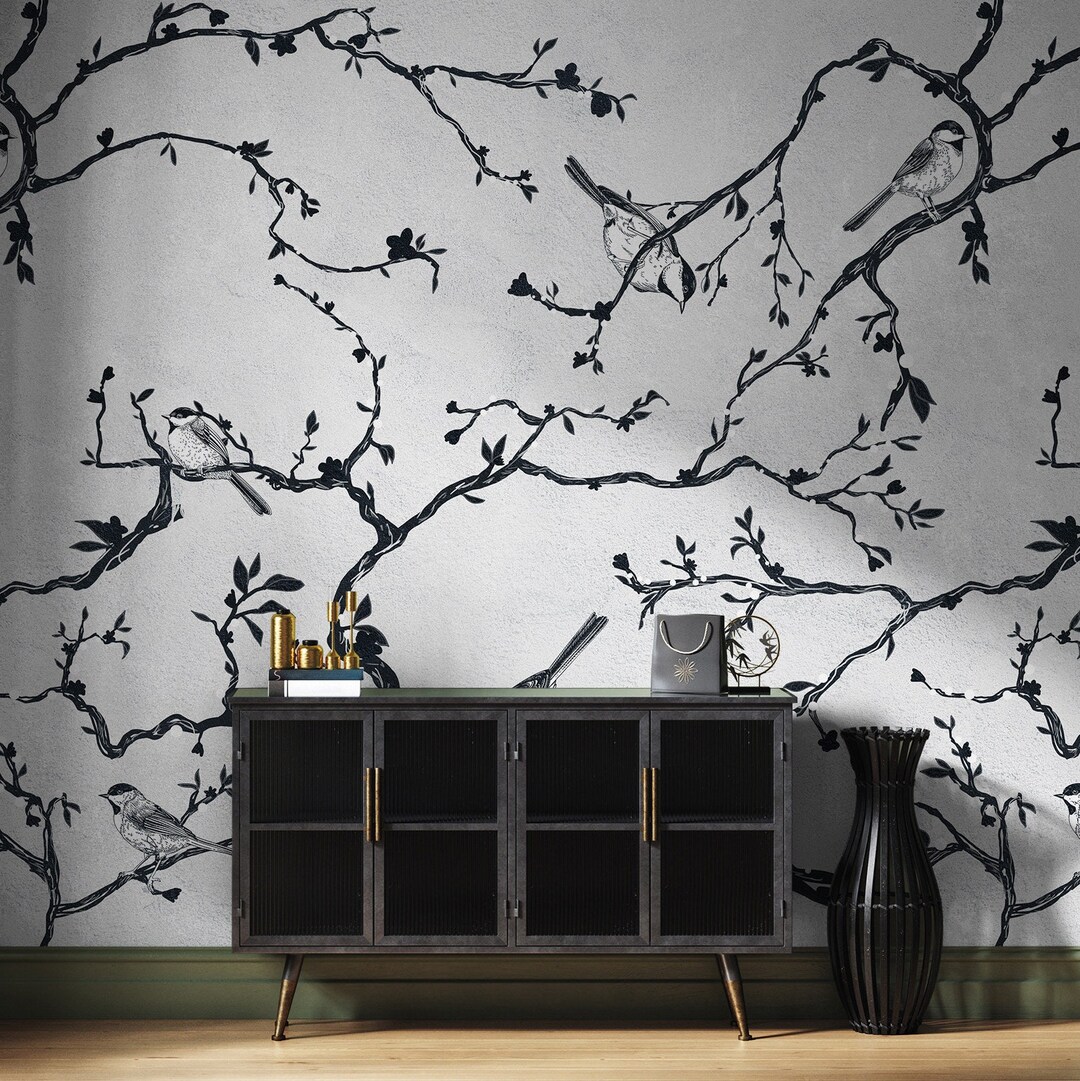 Birds on Branches Wall Mural, Black and White Pattern Wallpaper, Self ...