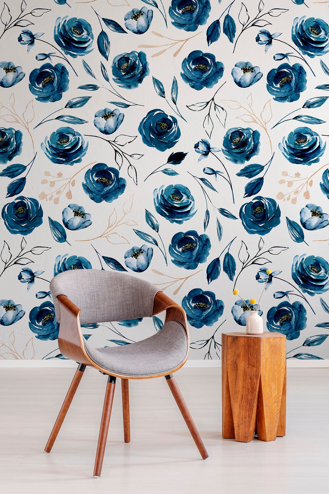 Removable Wallpaper With Blue Flowers and Leaves, Peel and Stick Wall ...