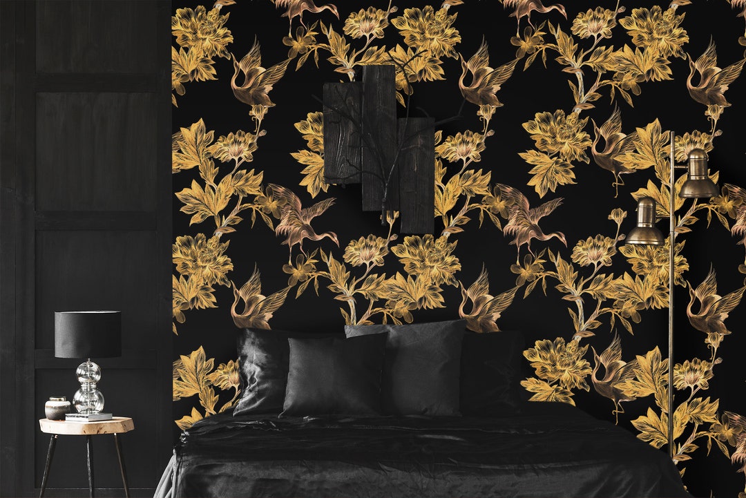 Black Floral Wallpaper, Drawn Flowers and Birds Wallpaper, Self ...
