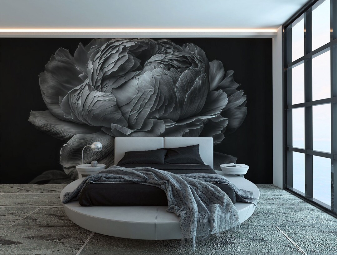 Dark Grayscale Peony Flower Wallpaper, Floral Wall Mural, Self Adhesive ...