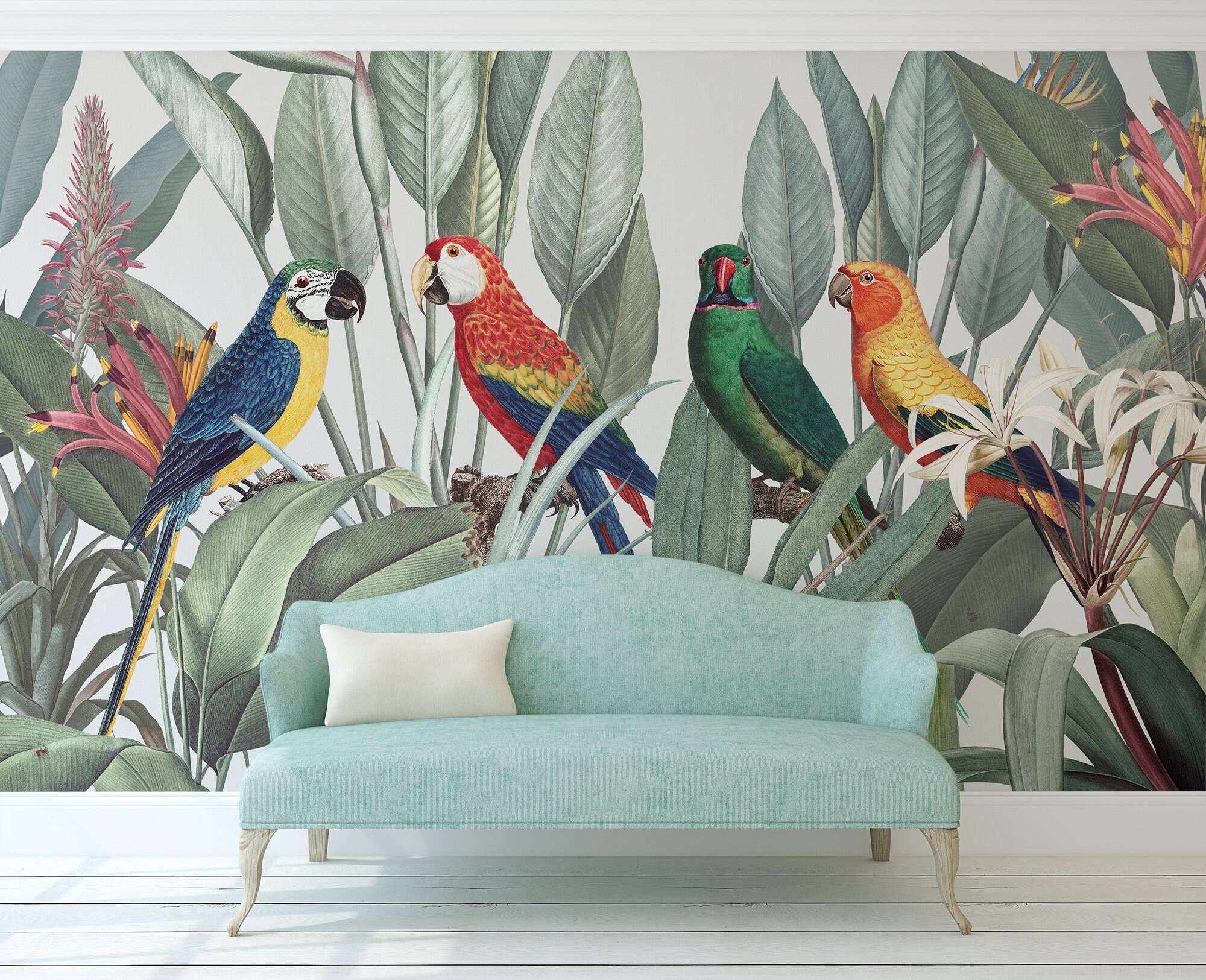 Tropical Wall Mural With Parrots Self Adhesive Removable - Etsy
