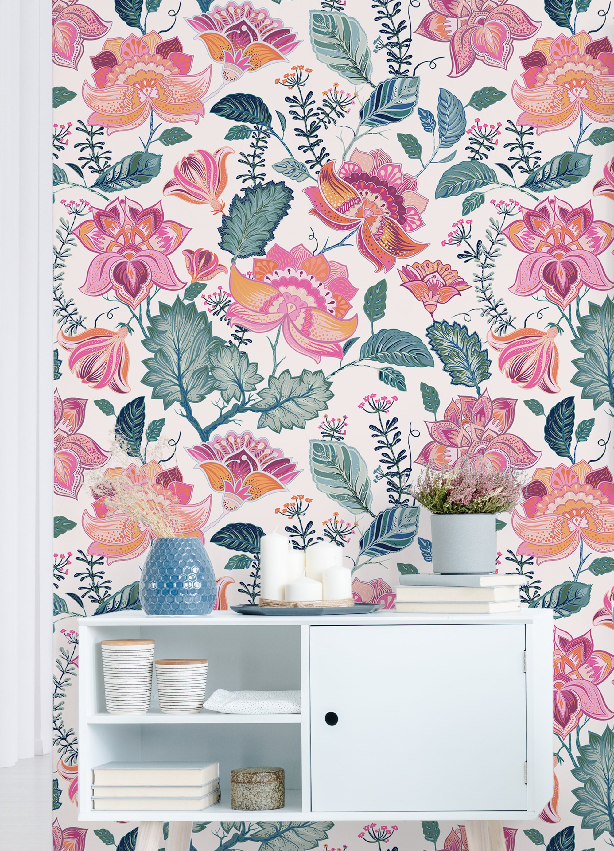 Folk Wallpaper With Floral Pattern Peel and Stick Wall Mural - Etsy