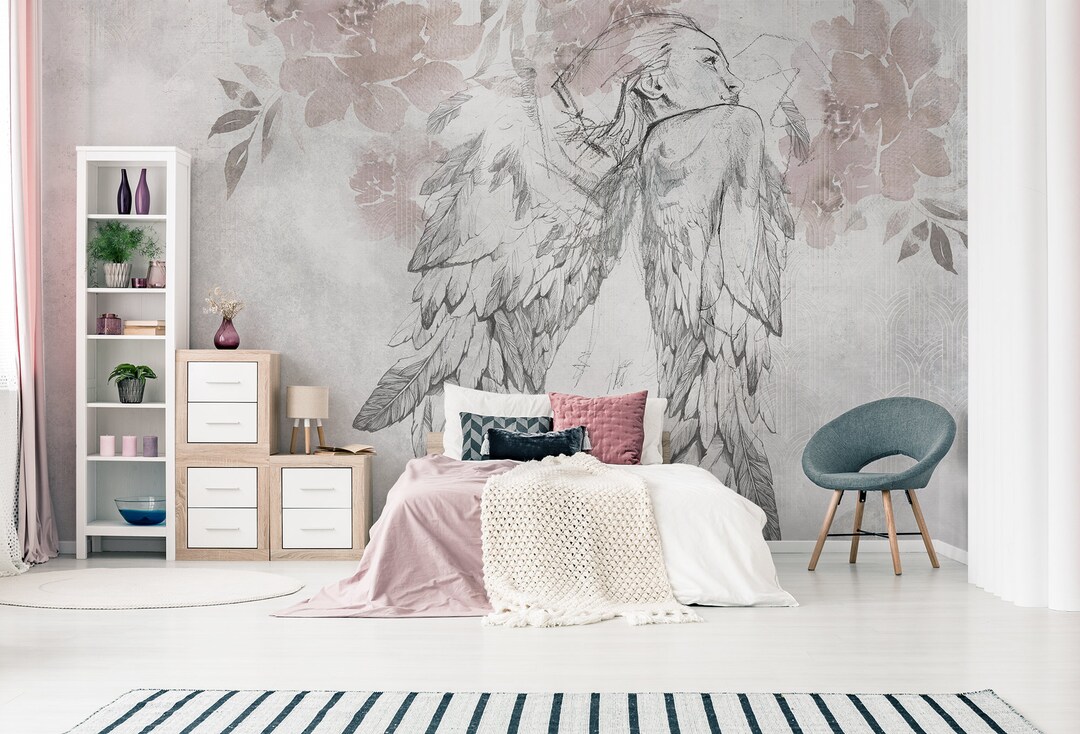 Modern Floral Wallpaper, Angel Wings Wall Mural, Loft Style Mural, Self ...