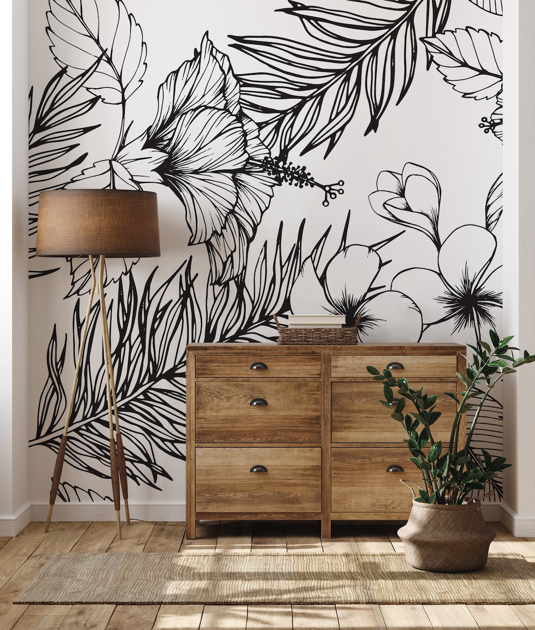 Tropical Black and White Wall Mural, Peel and Stick Removable Wallpaper ...